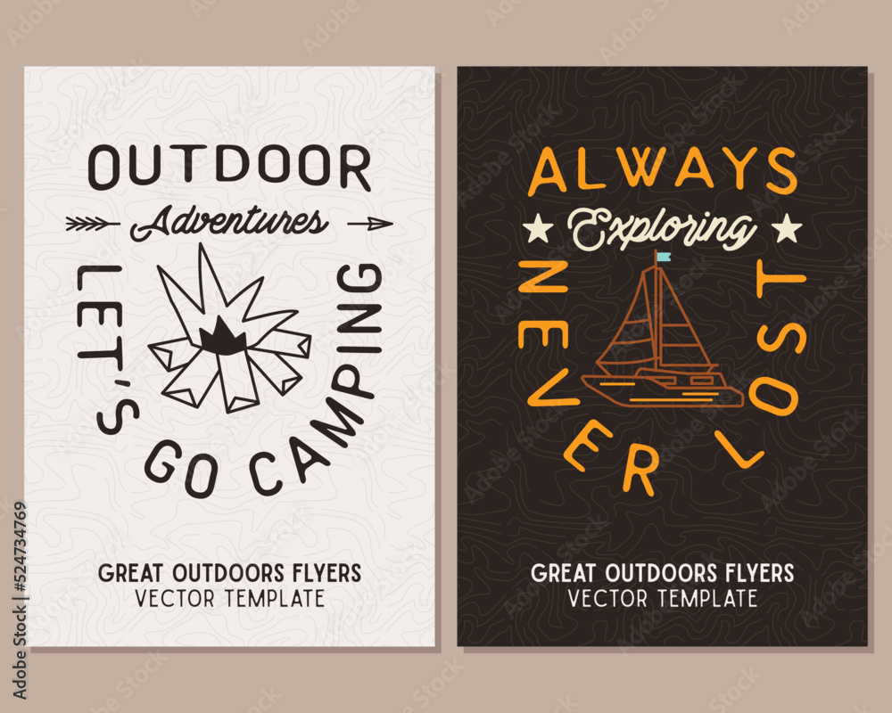 Camping flyer templates. Travel adventure posters set with line art and ...