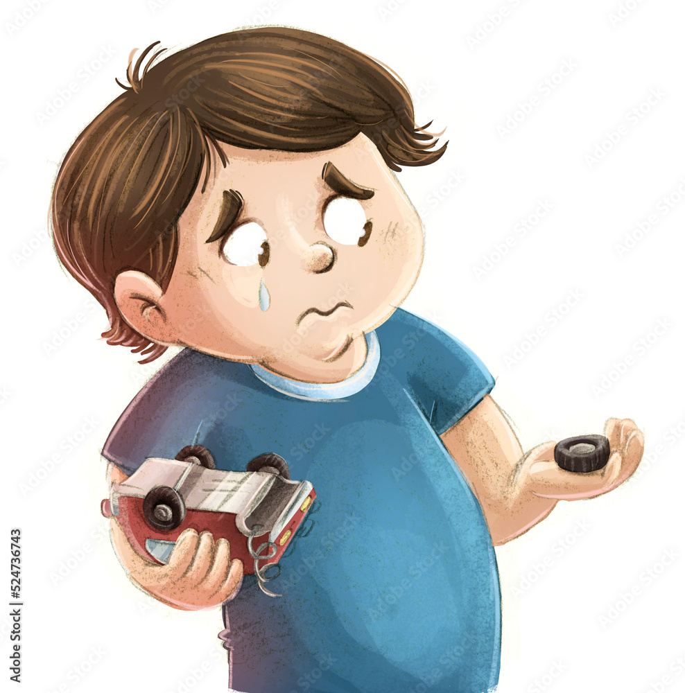 Illustration of boy crying over his broken toy Stock Illustration | Adobe Stock