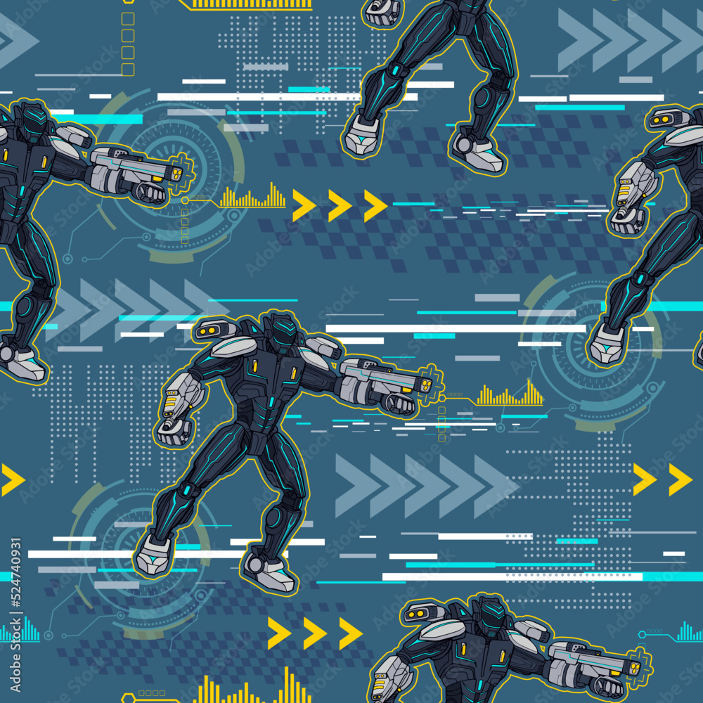 Abstract seamless robot pattern on digital blue background with arrows ...