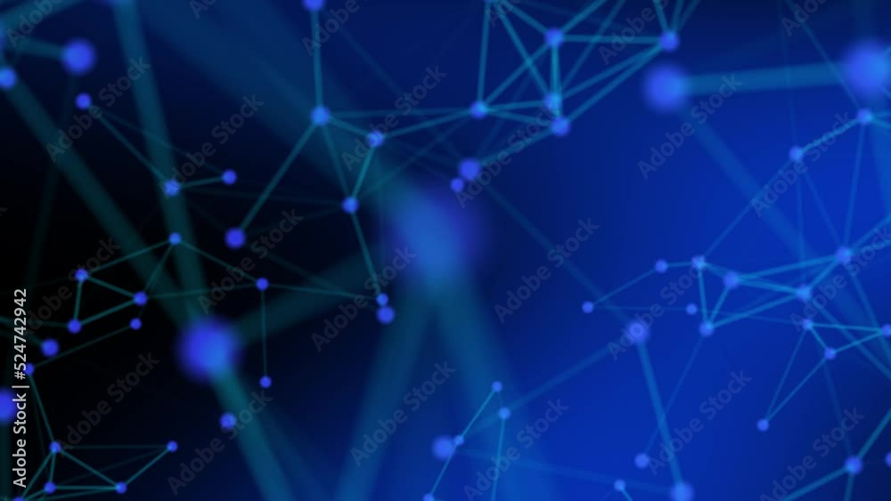 Plexus of abstract blue and violet geometrical lines with moving triangles and dots on a black ...
