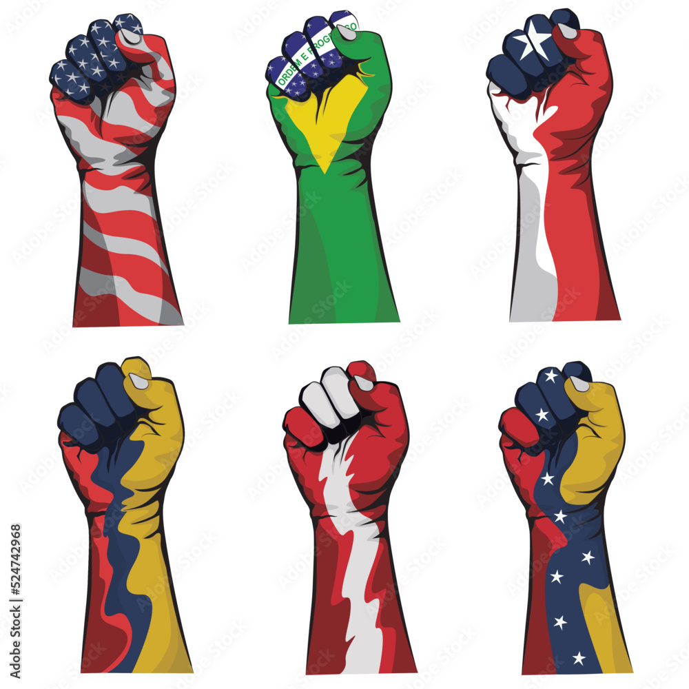 Hands representing different countries (USA, Brazil, Chile, Colombia ...