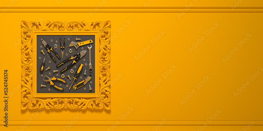 A set of construction tools in a vintage frame. Creative 3d render ...