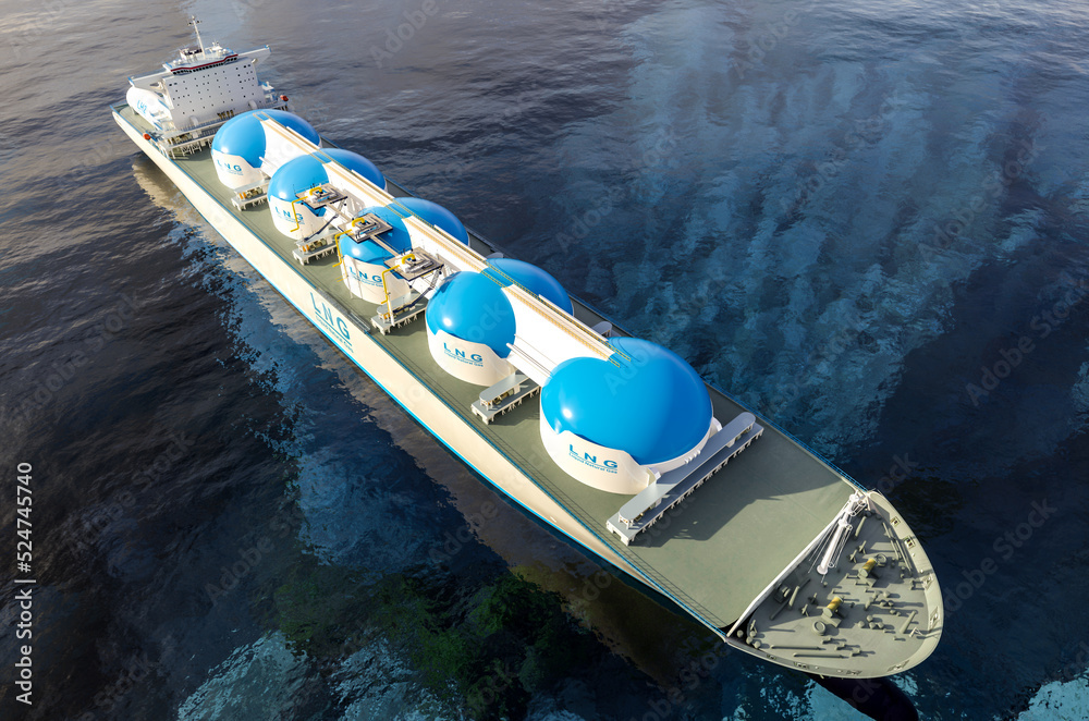 LNG - Liquified natural gas tanker with gas tanks powered with h2 hydrogen engines on the ocean ...