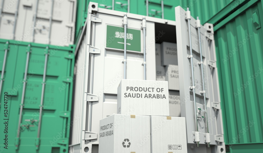 Cargo containers and boxes with products from Saudi Arabia. National ...
