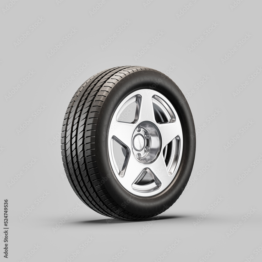 Car wheel on white background. Isolated car tire with shiny rim. Side ...
