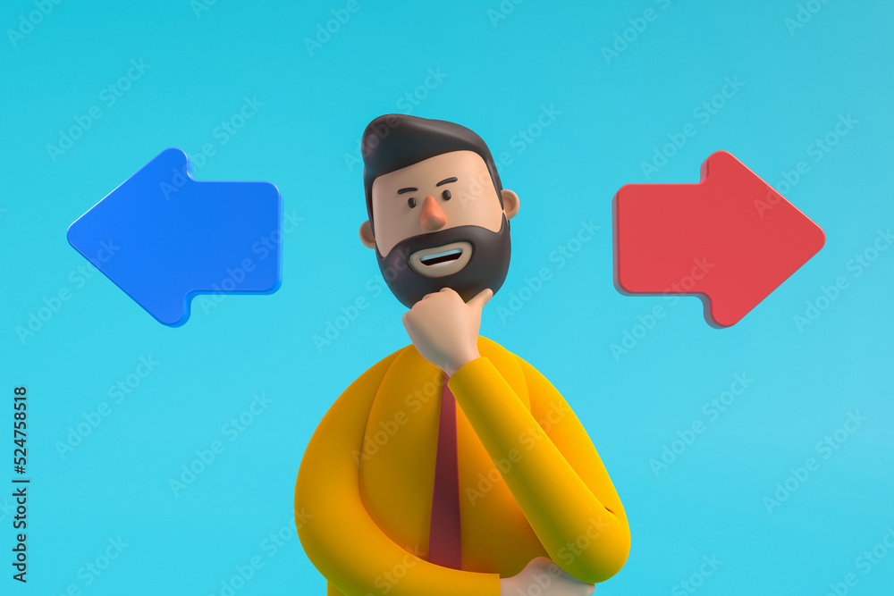 3d illustration.Confused Man have to choose the right arrow to follow ...