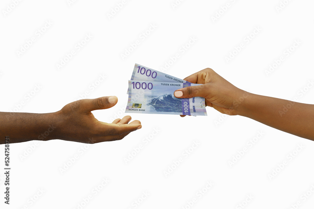 Hand giving 3D rendered 1000 Norwegian krone notes to another hand ...