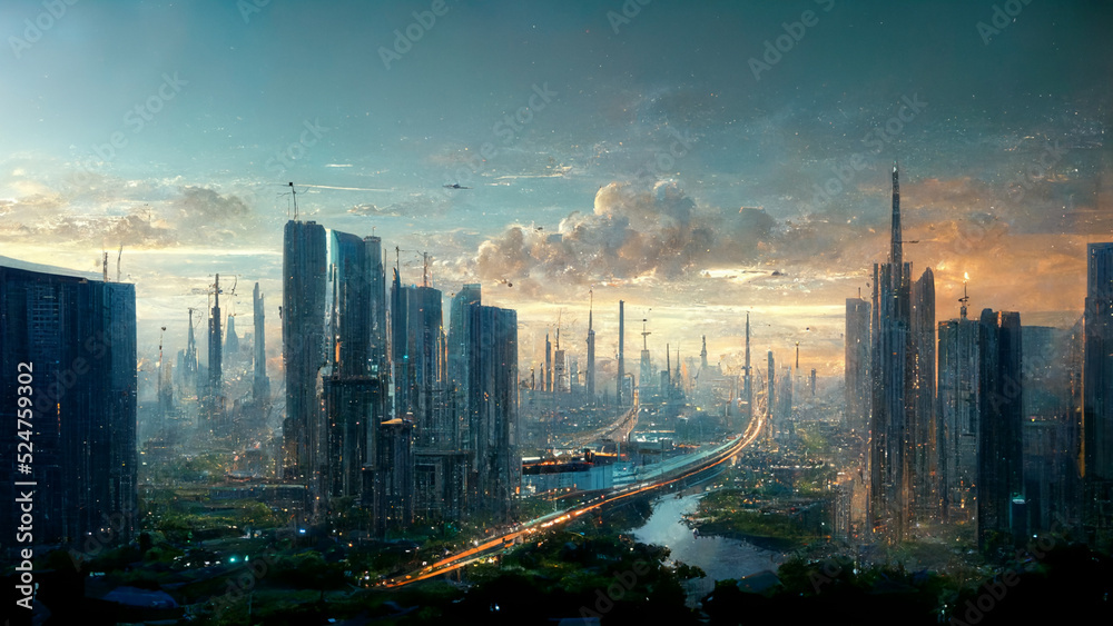 Panoramic view of future city skyline. Creative concept illustration of ...