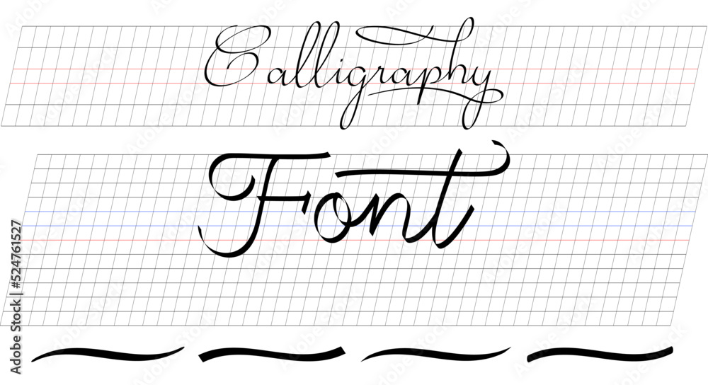 Editable Calligraphy font concept with grid template + 4 calligraphic ...