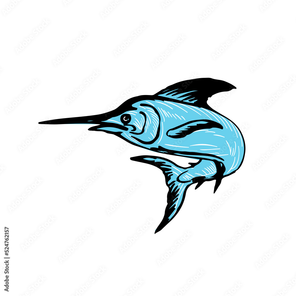 Blue Marlin Fish Jumping Drawing Stock Illustration | Adobe Stock