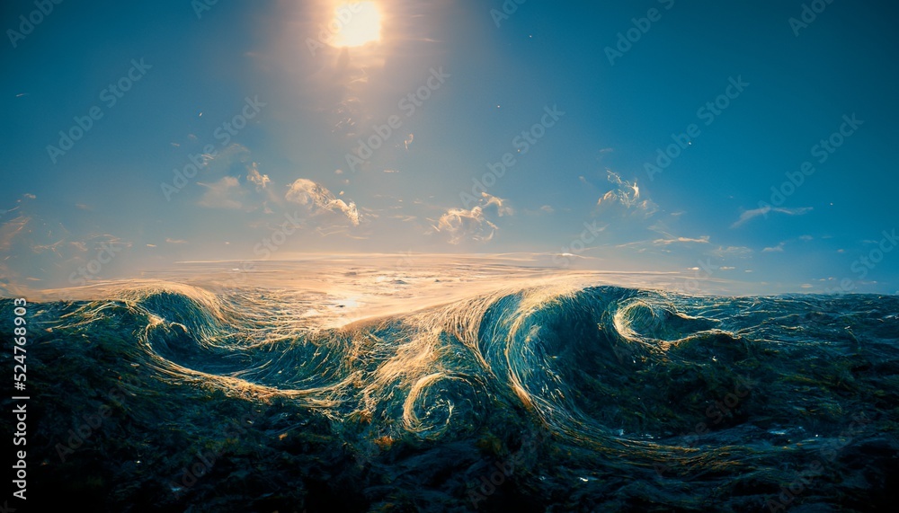 Spectacular abstract scene of an ocean tidal wave with a horizontal and ...