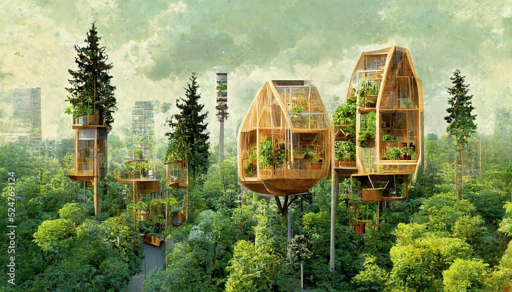 Spectacular image of a sustainable tree house surrounded by greenery in ...