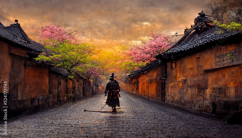 3D Illustration of a Samurai warrior walking on the road between the ...