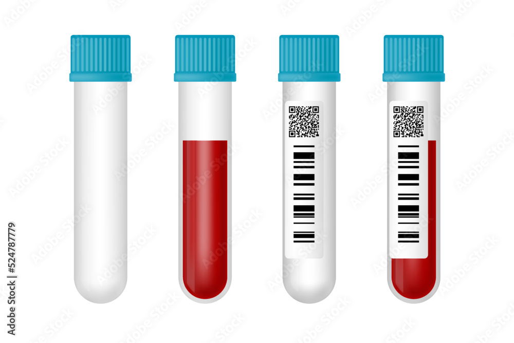 Set of empty tubes and blood sample tubes with bar code and qr code ...