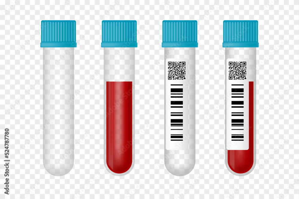 Set of empty tubes and blood sample tubes with bar code and qr code ...