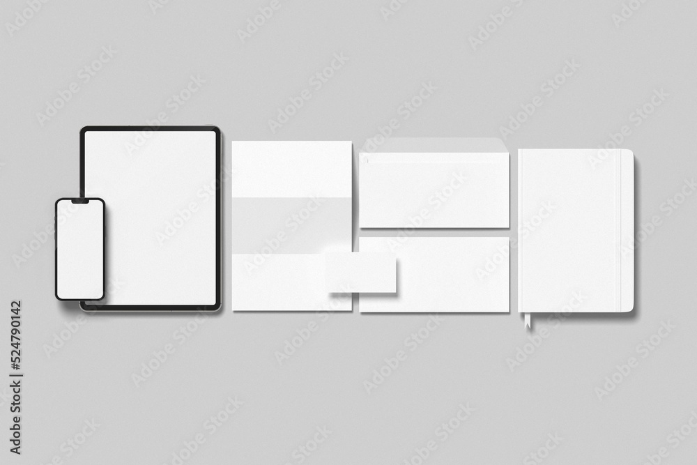 Stationery mockup such as smartphone, paper cup, Tablet, notebook, C4 ...