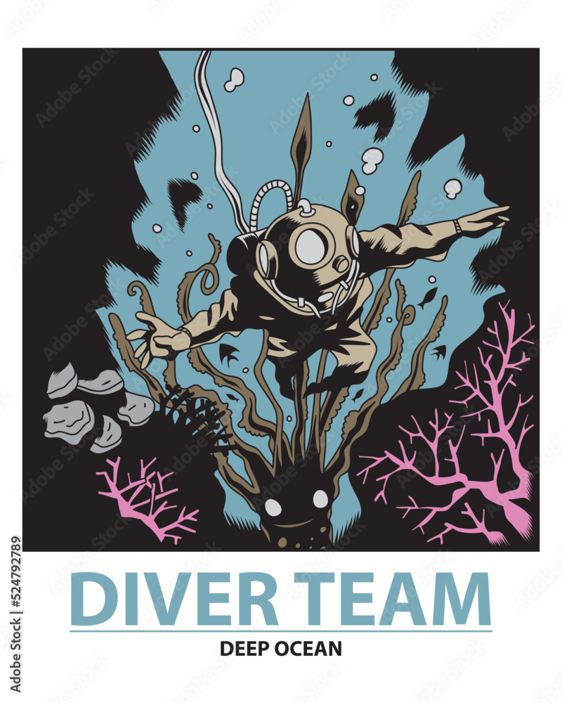 hand drawing deep sea diver vector illustration, diver team vector ...