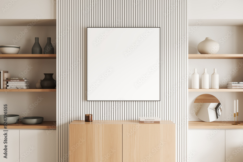Stylish gallery room interior with shelf and decoration. Mockup frame ...