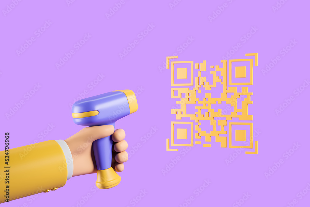 Cartoon hand with laser scanner, QR code on purple background Stock ...