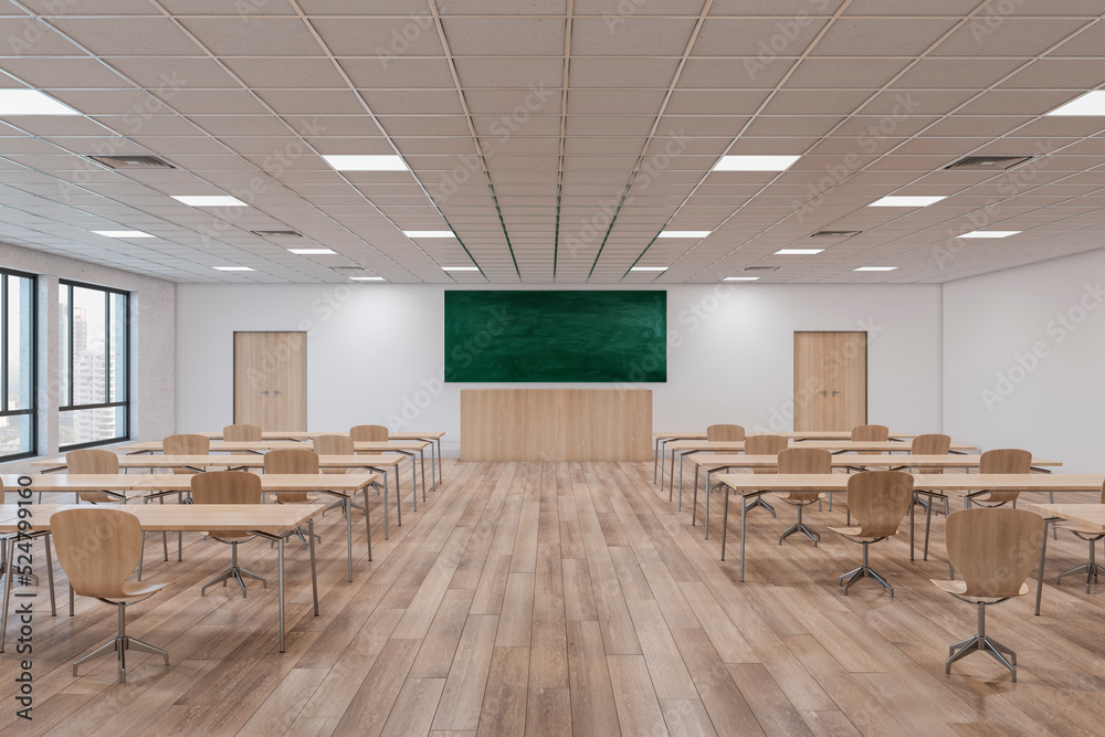 Luxury wooden classroom interior with furniture and blackboard, windows ...