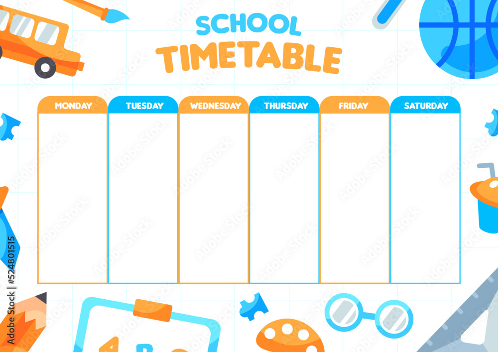 back to school time table template with cute cartoon illustration Stock ...