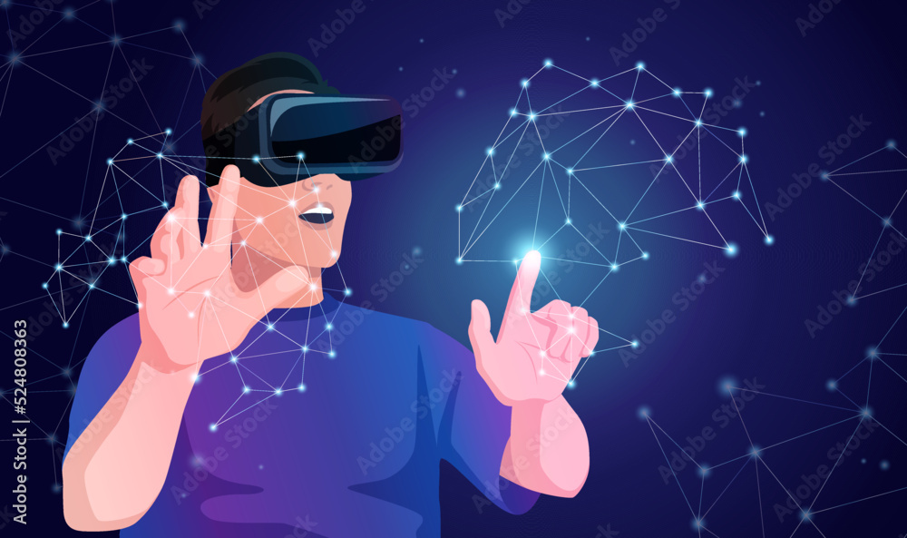 Man in glasses, vr headset create drawing wireframe lines by fingers 3d ...