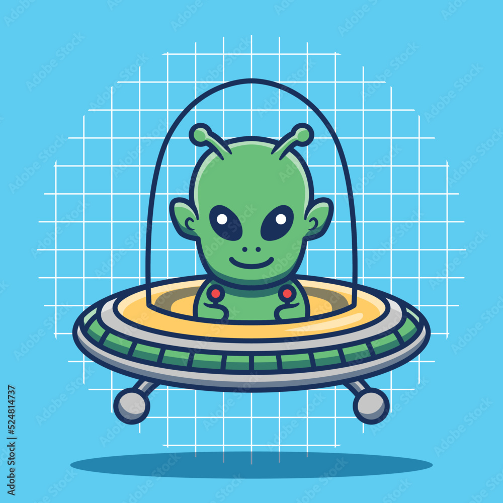 Alien character being inside a ufo vector illustration. Flat cartoon ...
