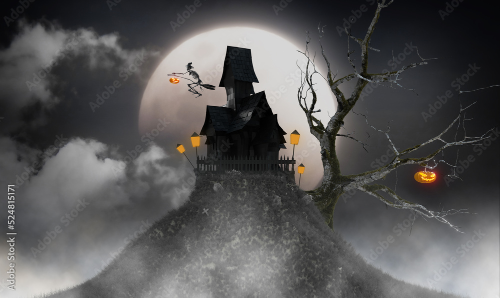 skeleton witch with black castle on small hill and grave halloween ...