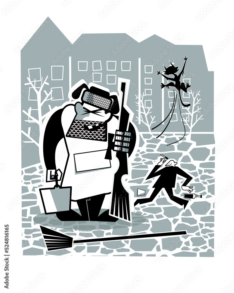 Janitor with a rifle in his hand. Caricatures. Vector illustration ...