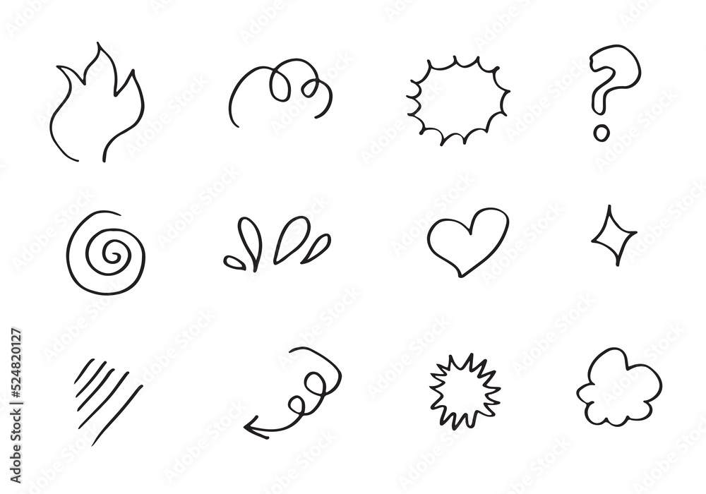 Set of cute hand drawn line scribble expression signs.emoticon effects ...