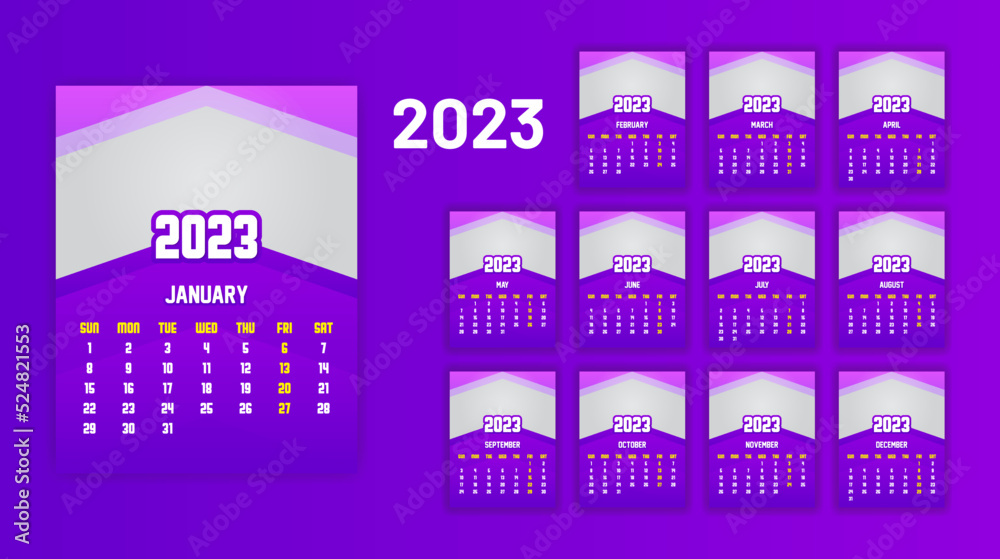 Yearly Calendar 2023 Print Ready Eps Vector Template, 12 Months ...