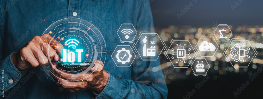 IOT Internet of things, Person hand touching smart phone with VR screen ...