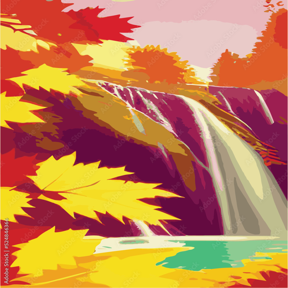 Autumn forest landscape with a cascading waterfall on the rocks. Vector ...
