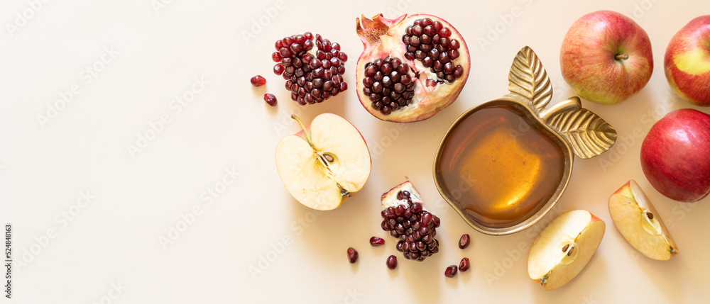 Rosh hashanah concept - honey, pomegranate and apples Stock Photo ...