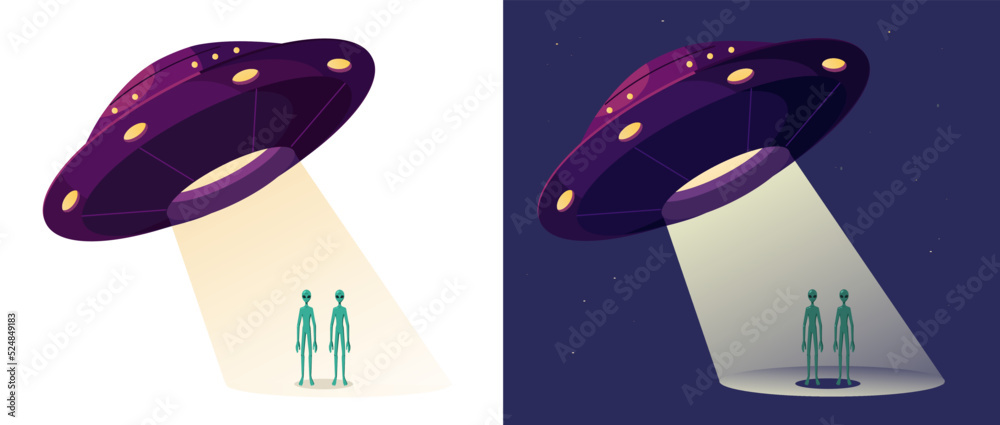 UFO and aliens, illustration isolated on white background and against ...