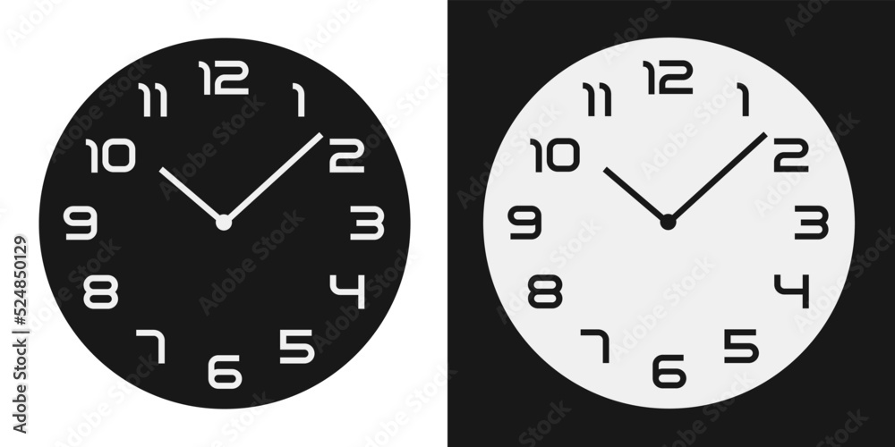 Set of wall clock faces with numbers and hands. Black and white ...