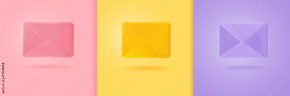 et of 3d mail envelope pink, yellow, and purple color. Mail ...