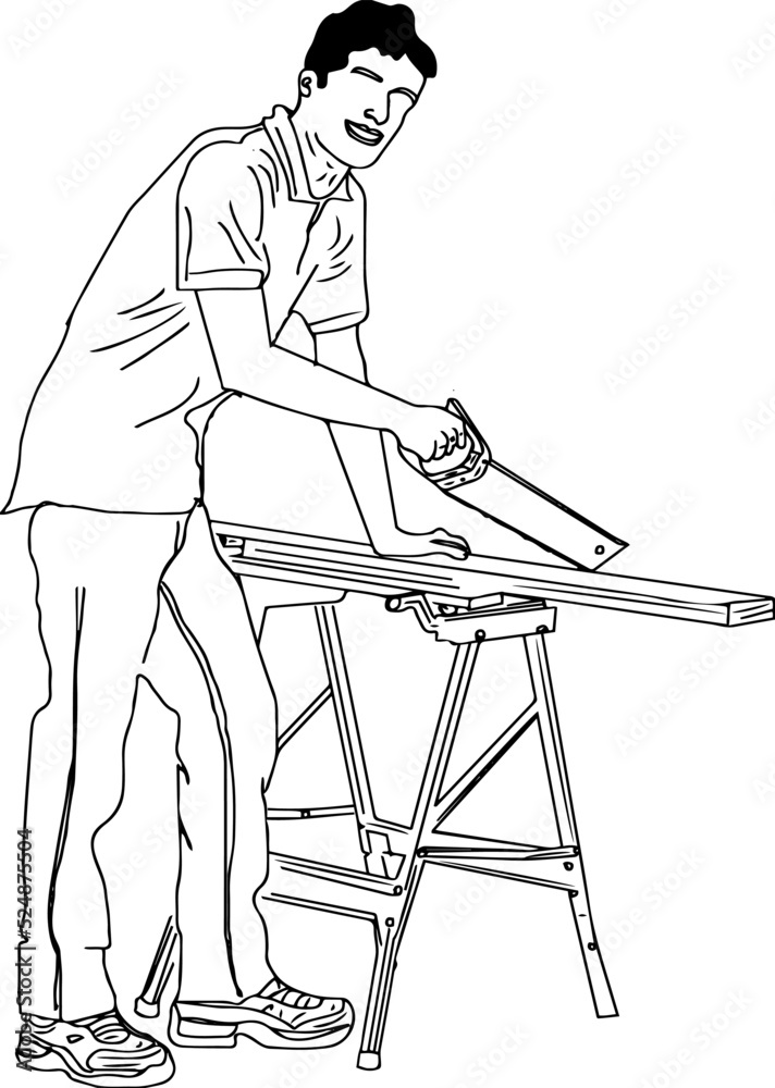 Carpenter man cartoon drawing, Wood carpenter sketch drawing, Carpenter ...