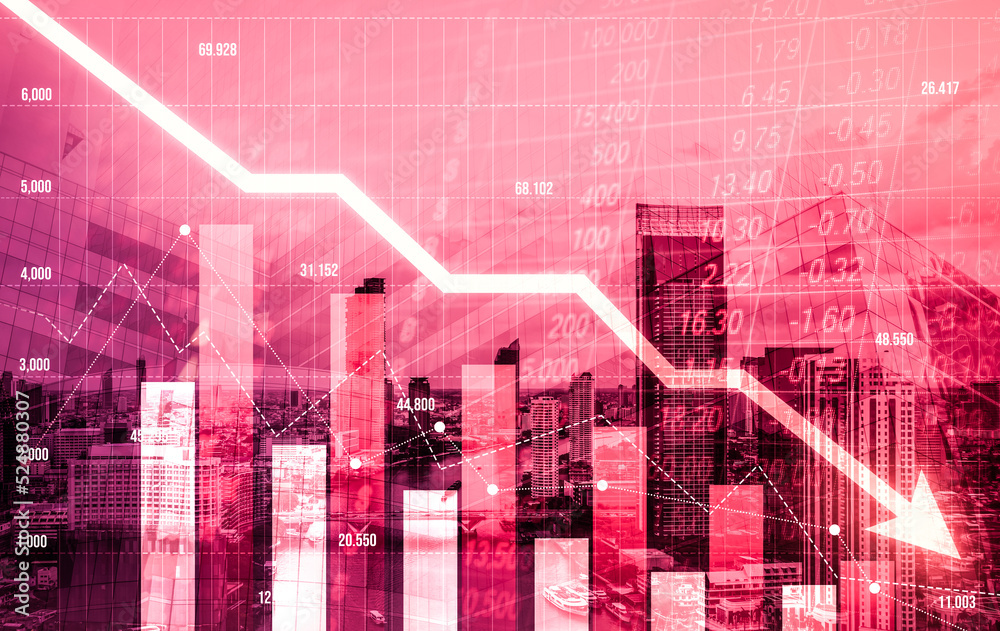 Stock market crash, declined economic, graph falling down and digital ...