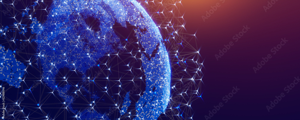 Panoramic view of dotted earth and a digital communication line. Global ...