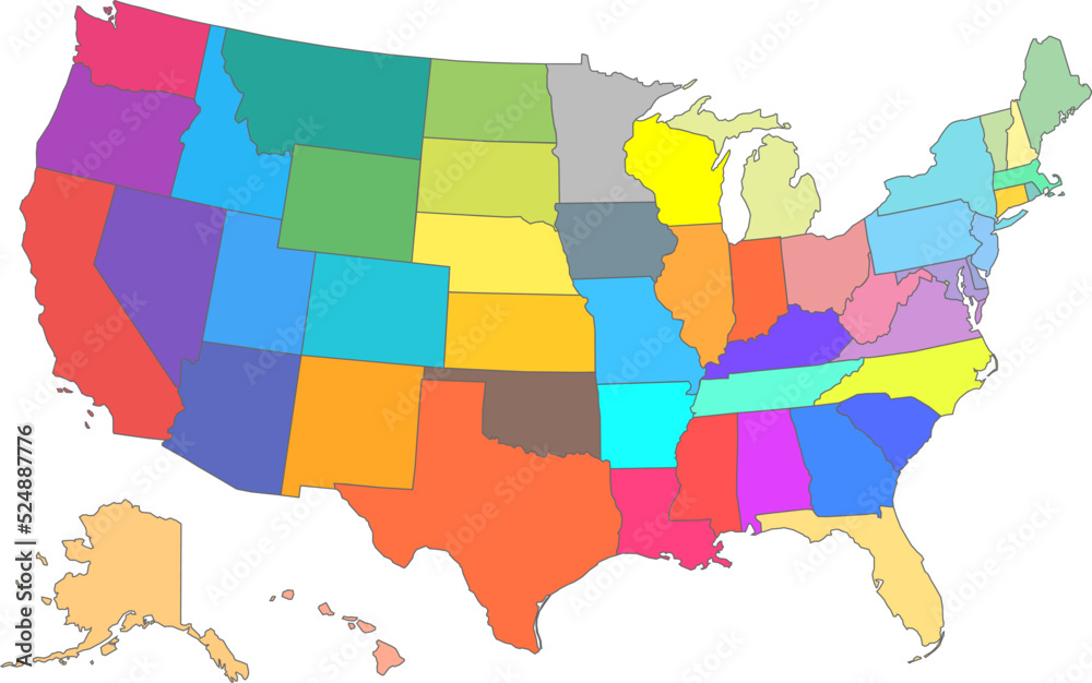 Vector illustration of a USA Map with different colors for each state ...