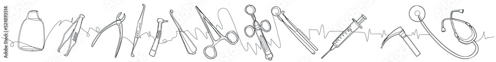 Monochrome border of medical instruments in one line style on white ...