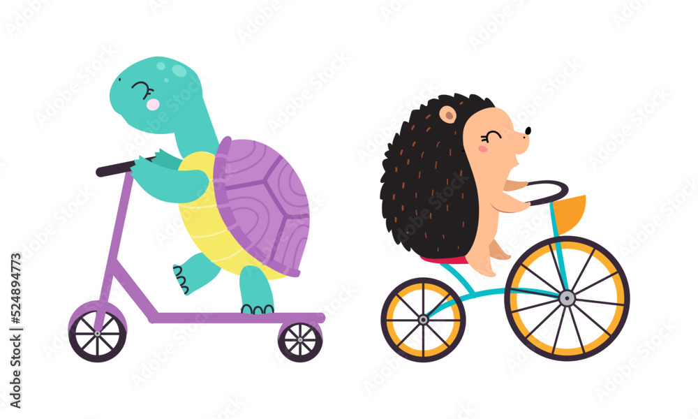 Cute baby animals enjoying ride. Turtle on bike, hedgehog on kick ...