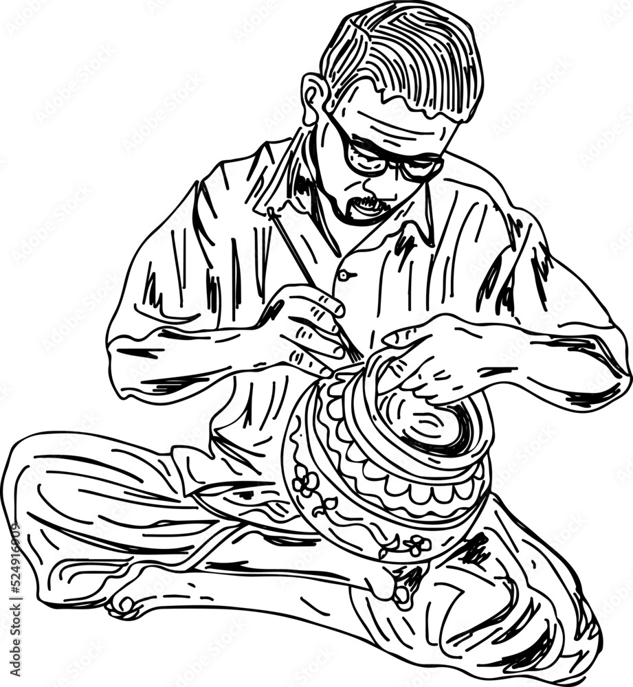 Sketch Drawing of Traditional potter artist painting a clay pot, Clay ...