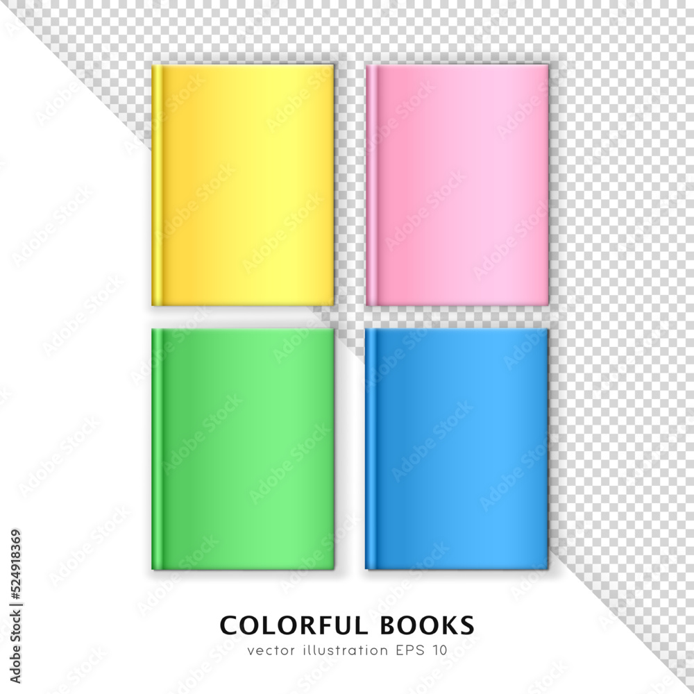 Top view of yellow, pink, green and blue hardcover books. Set of 3d ...