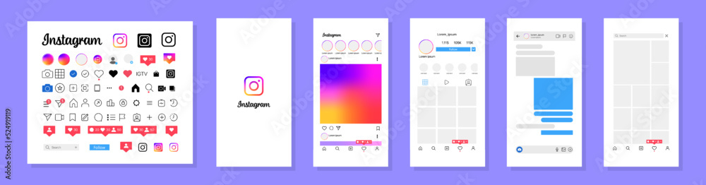 Instagram design. Set instagram screen social media and social network ...