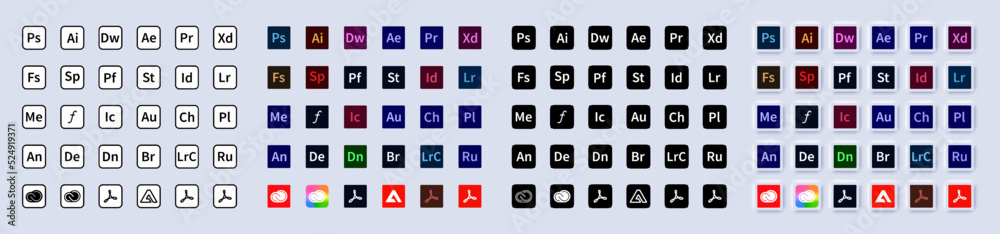 Adobe product. Logotype set of adobe products: adobe, illustrator ...