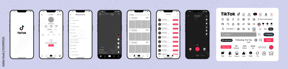 Tik Tok design. Set Tik Tok screen social media and social network ...