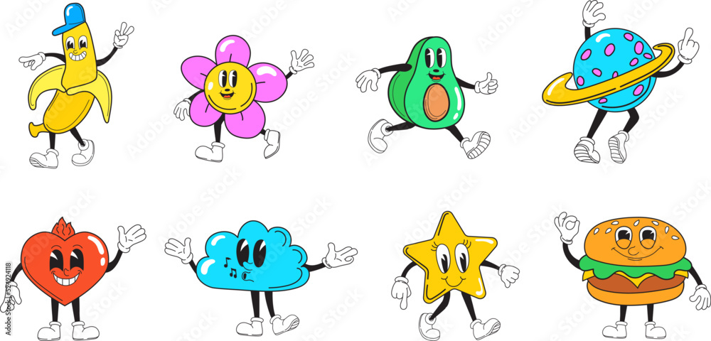 Abstract trendy mascots. Facial cartoon retro characters, expression ...