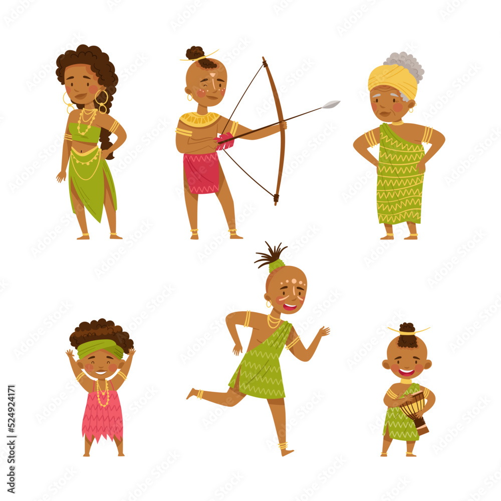 Happy aboriginal African people dressed ethnic traditional clothes set ... Happy aboriginal African people dressed ethnic traditional clothes set ...